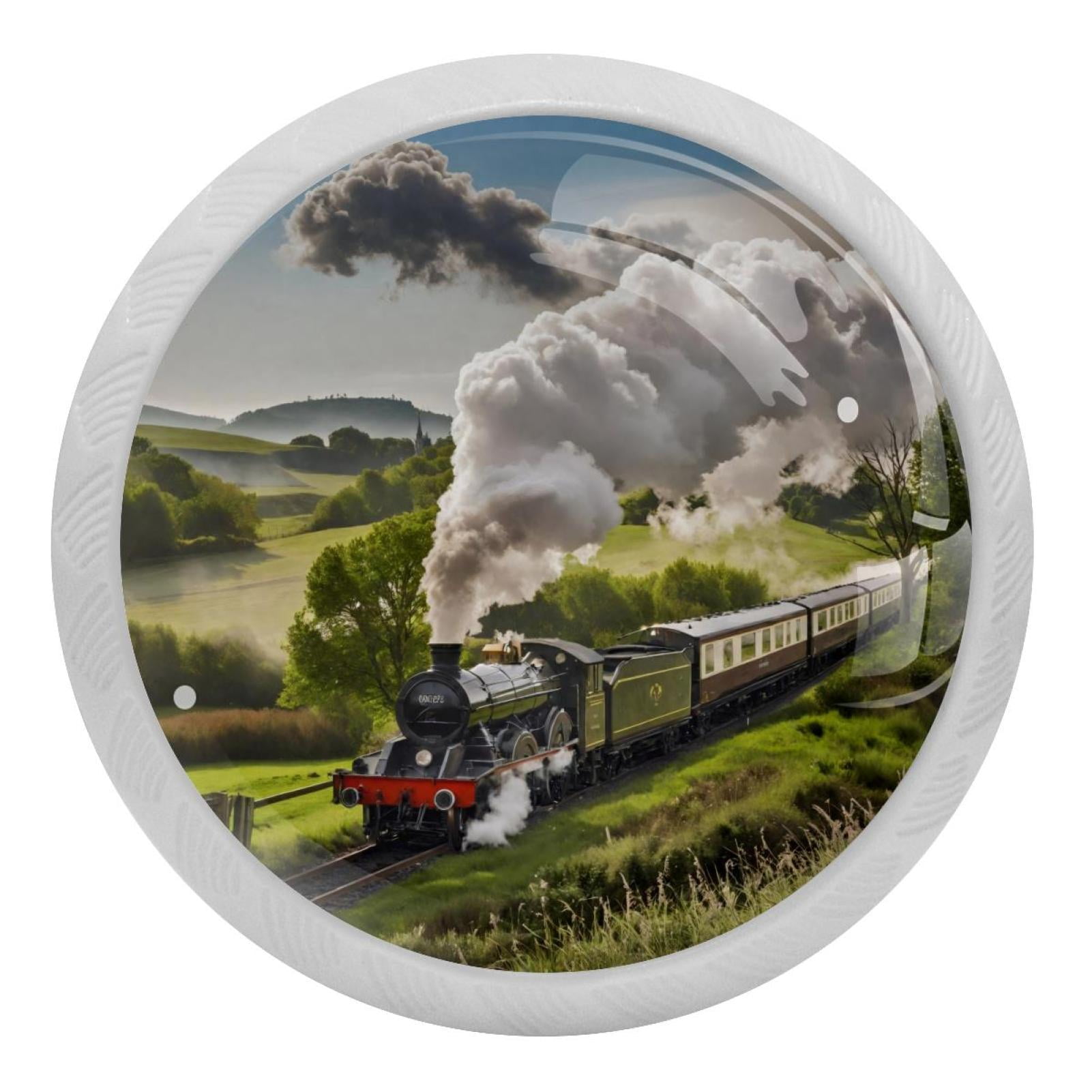 PhooArto Steam Train and Railway Landscape 4 PCS Crystal Glass Cabinet ...