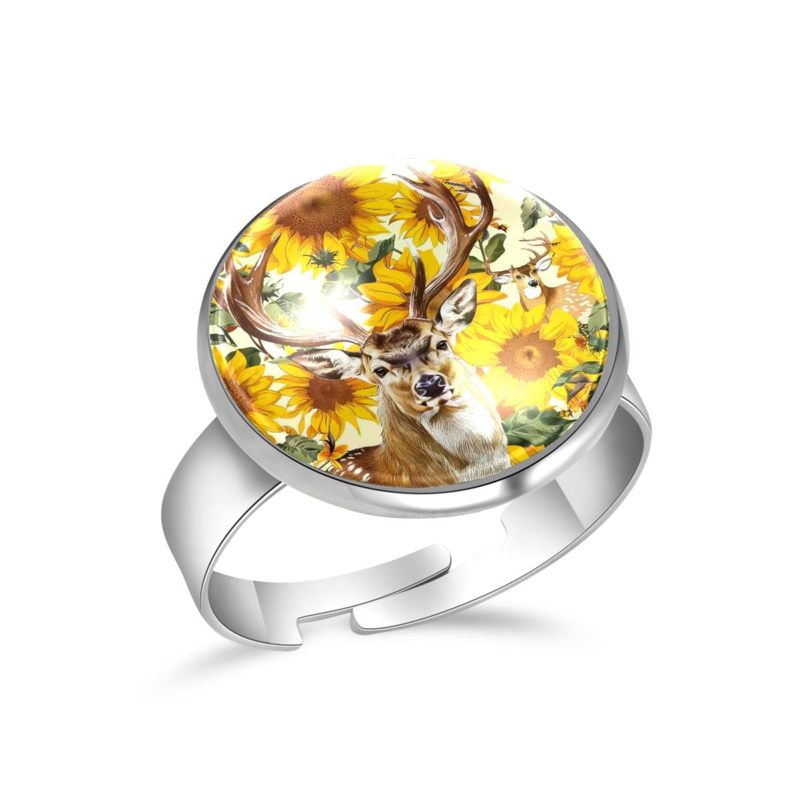 PhooArto Sunflowers Deer Pattern Stainless Steel Rings for Women, Open ...