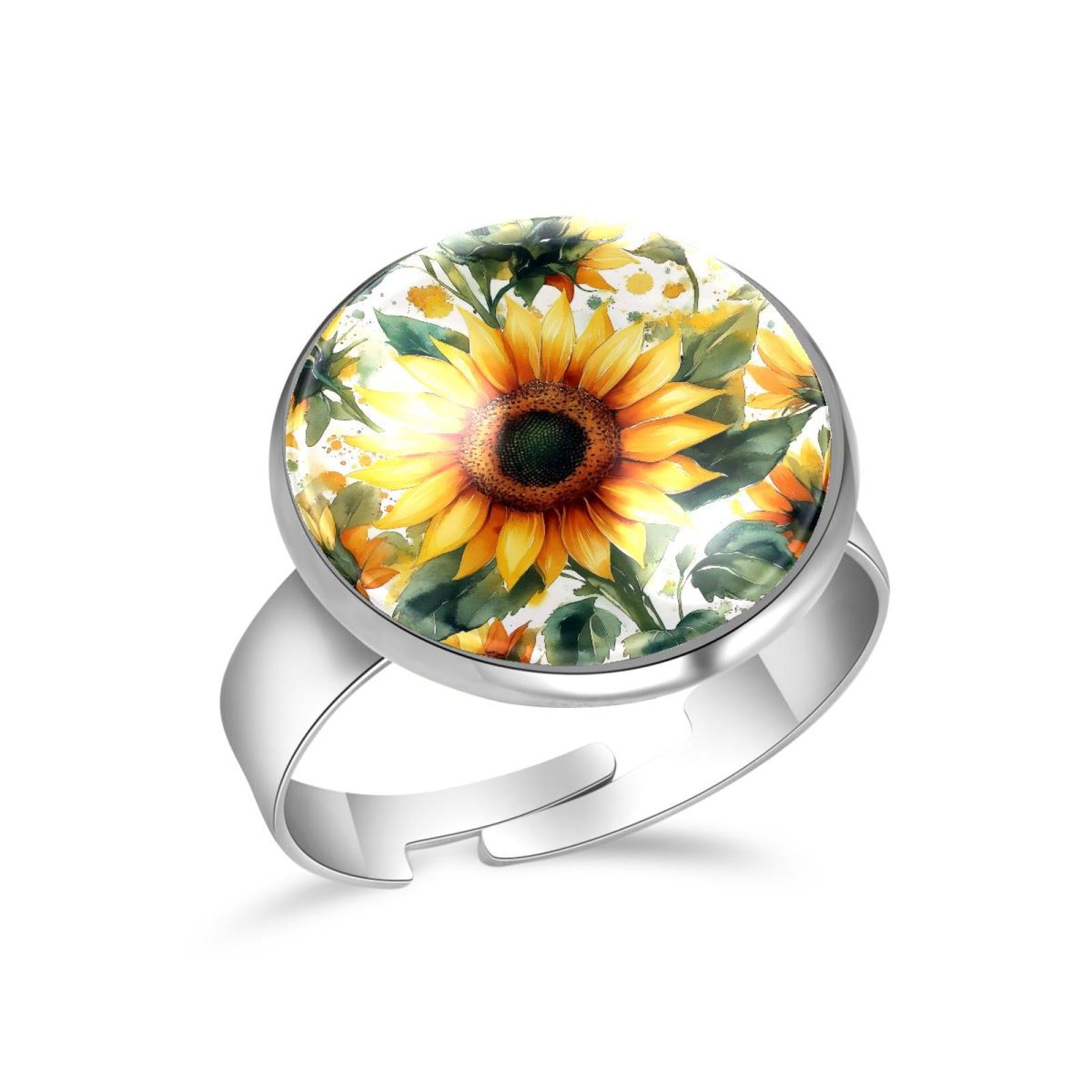 PhooArto Sunflowers Splash Pattern Stainless Steel Rings for Women, Open Adjustable Ring Promise ...