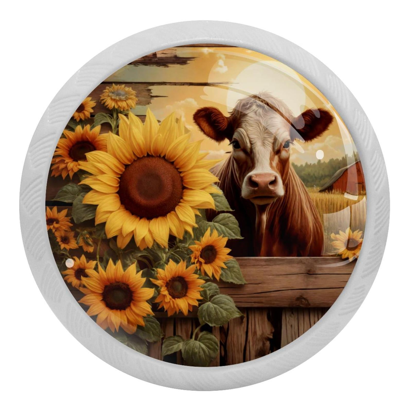 PhooArto Sunset Sunflowers Cow 4 PCS Crystal Glass Cabinet Knobs ...