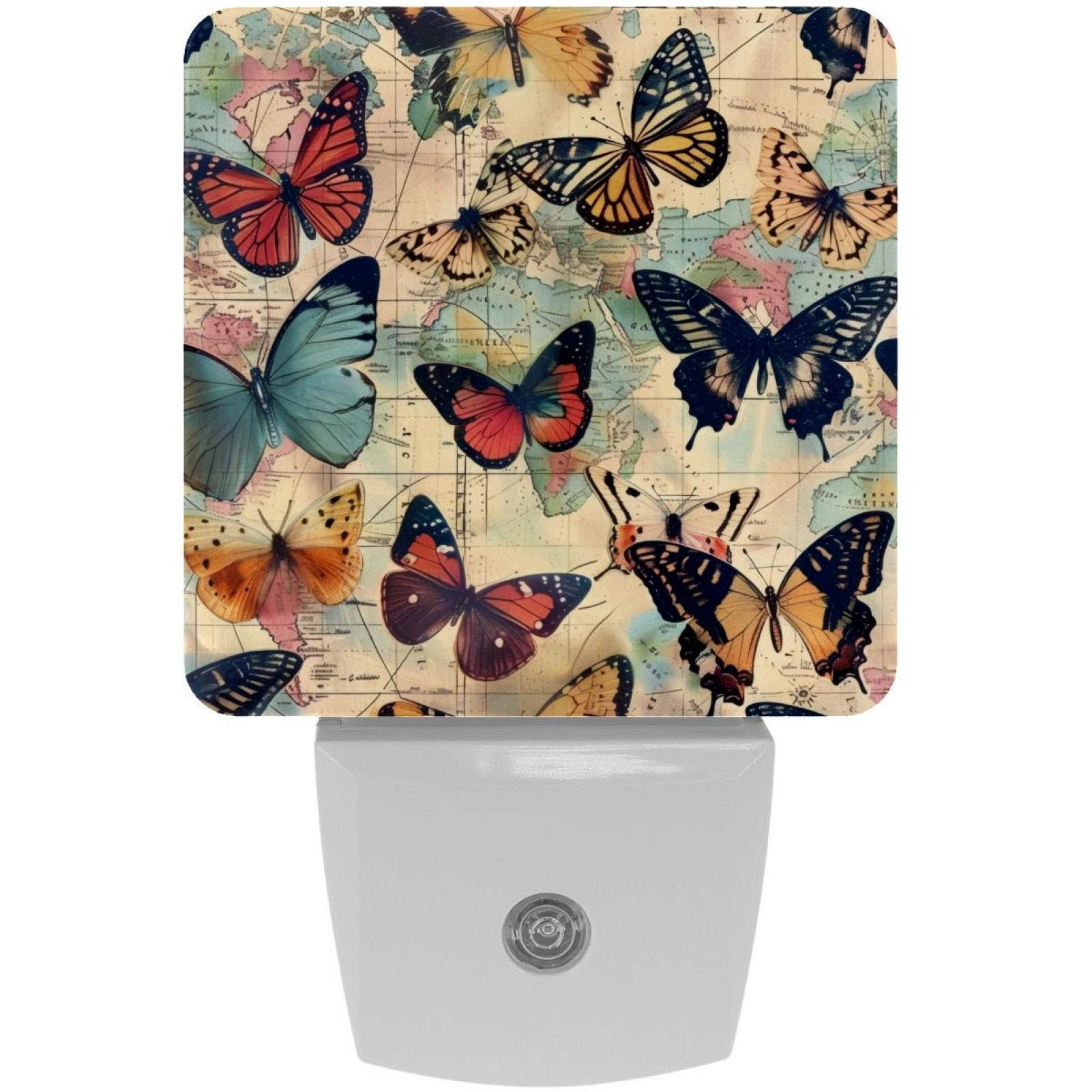 PhooArto Vintage Maps Butterflies Patterns Plug in LED Night Light Auto ...