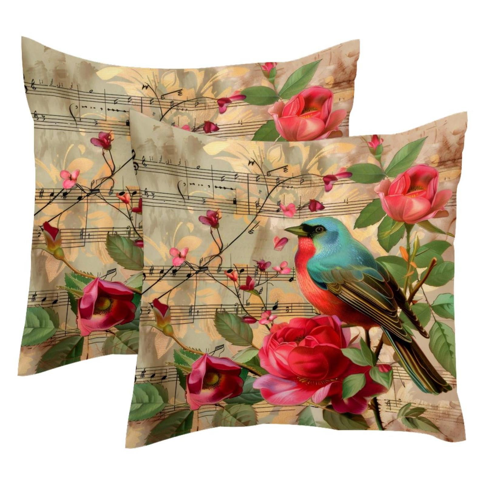 PhooArto Vintage Red Bird Roses Music Notes Set of 2 Throw Pillow ...