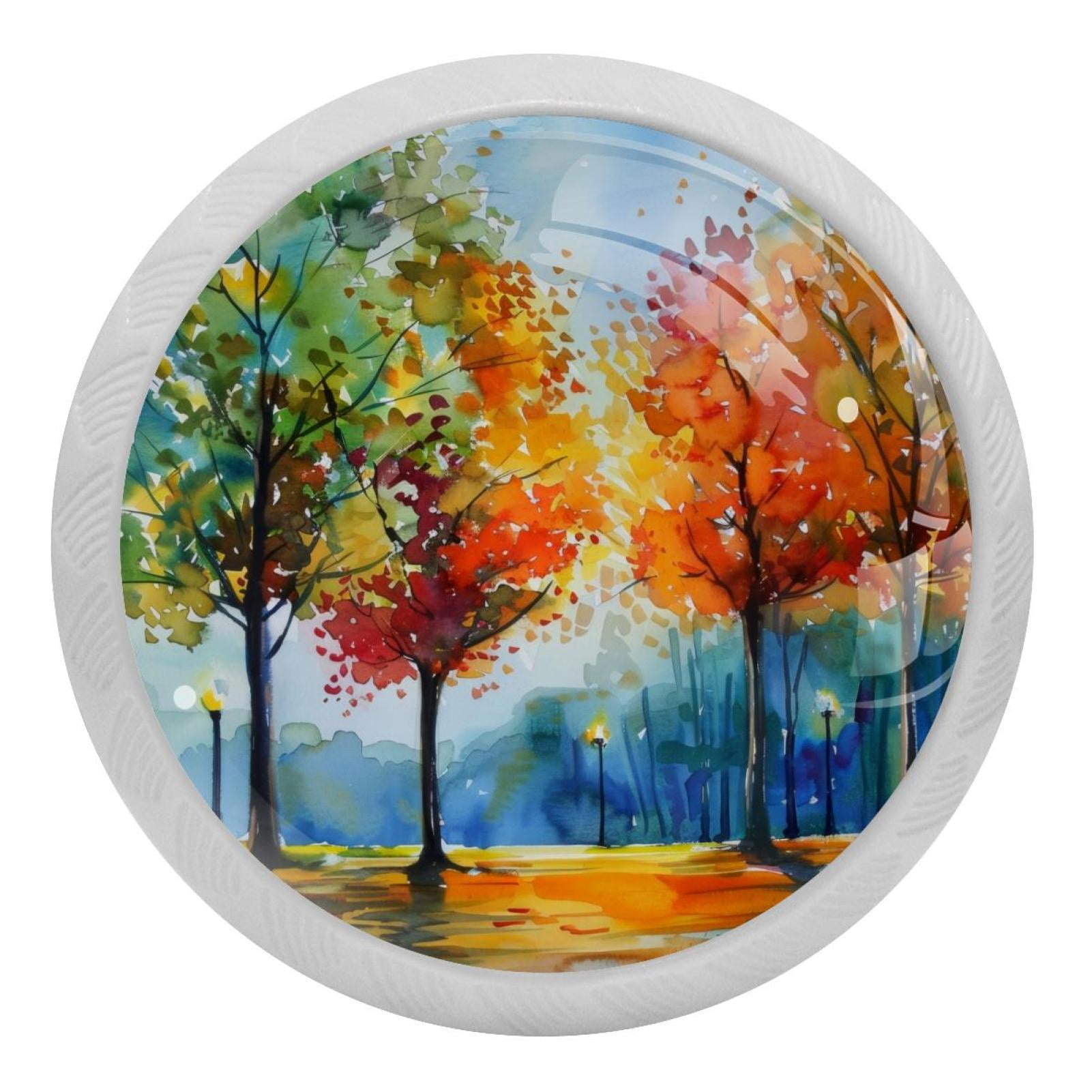 PhooArto Watercolors Trees Colored Print 4 PCS Crystal Glass Cabinet ...