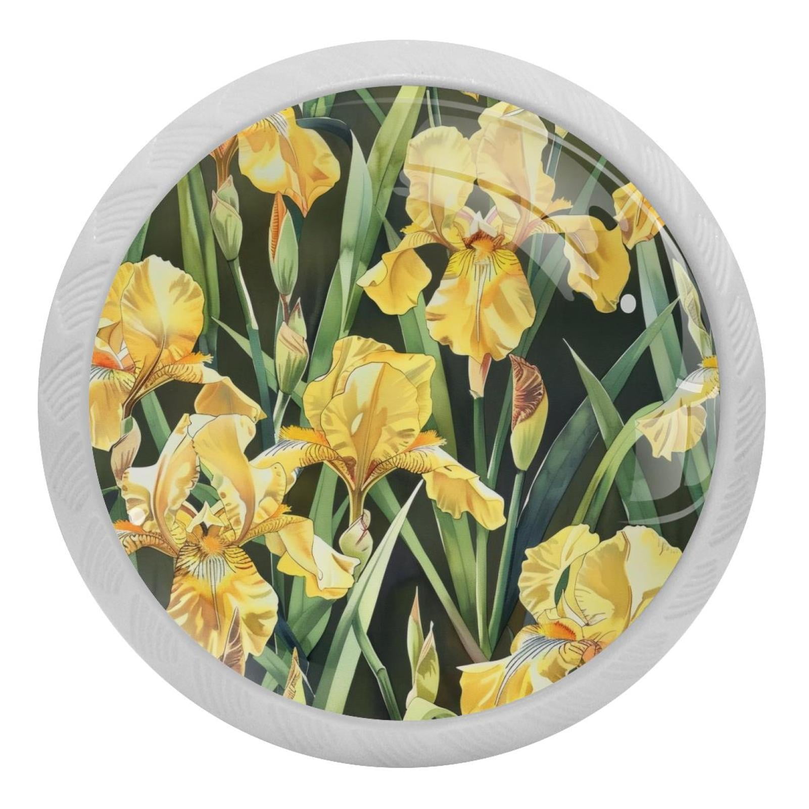 PhooArto Yellow Floral Iris Flower Pattern 4 PCS Crystal Glass Cabinet ...