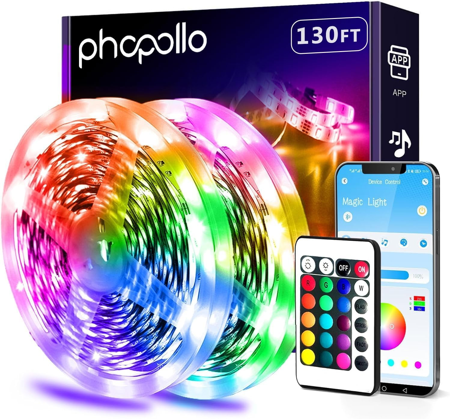 Phopollo 130ft LED Strip Lights(2 Rolls of 65.6ft), Smart Light Strips with App Control RGB Led ...
