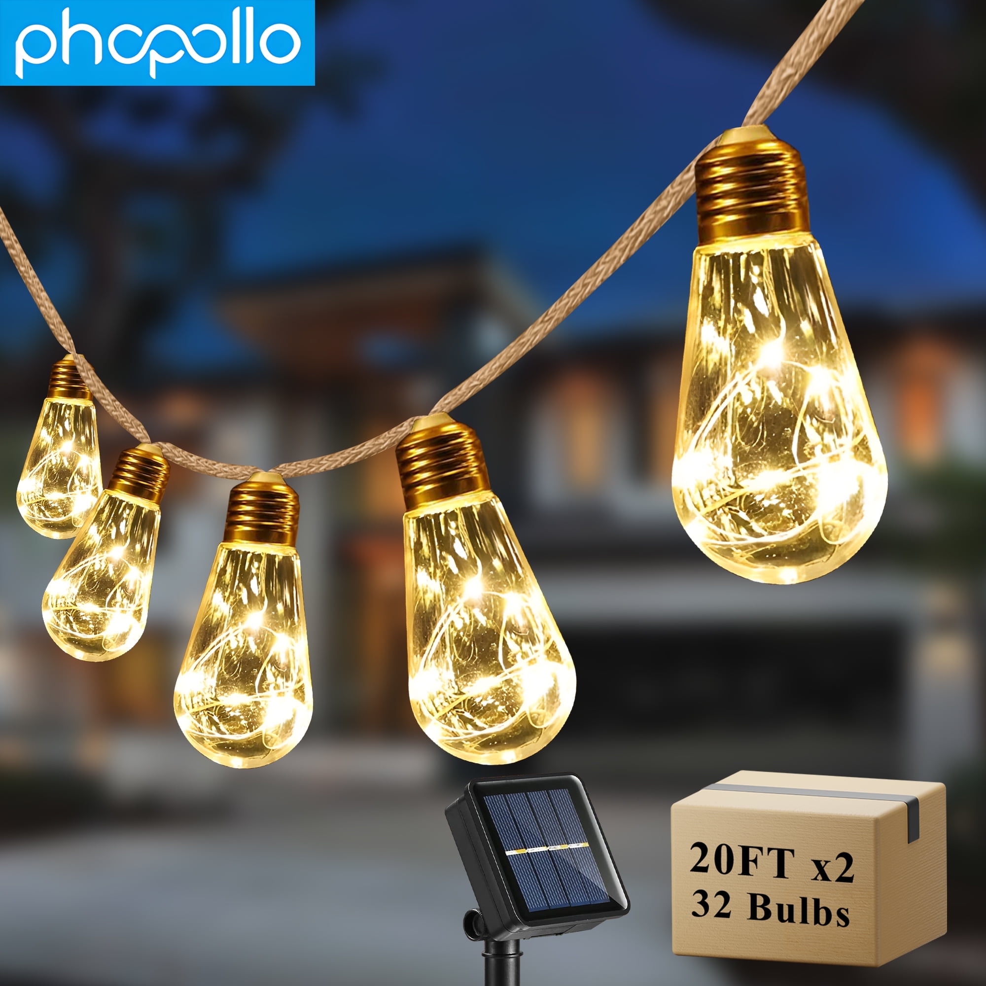 Phopollo Solar Outdoor String Lights,Vintage Rope Hemp 40FT(20FT*2),32 ...
