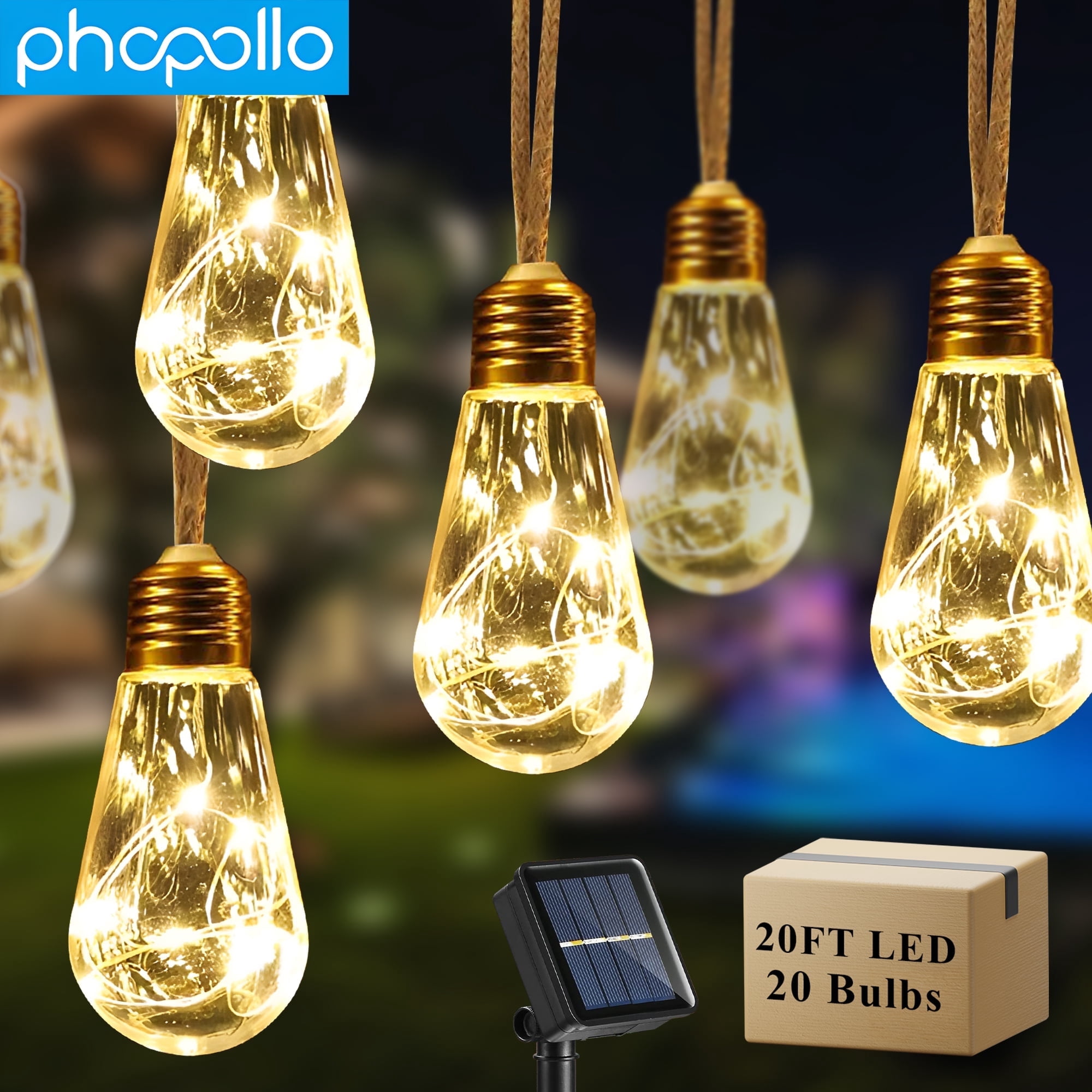 PHOPOLLO Solar Outdoor String Lights, Vintage Hemp Rope, 20FT, 20 ...