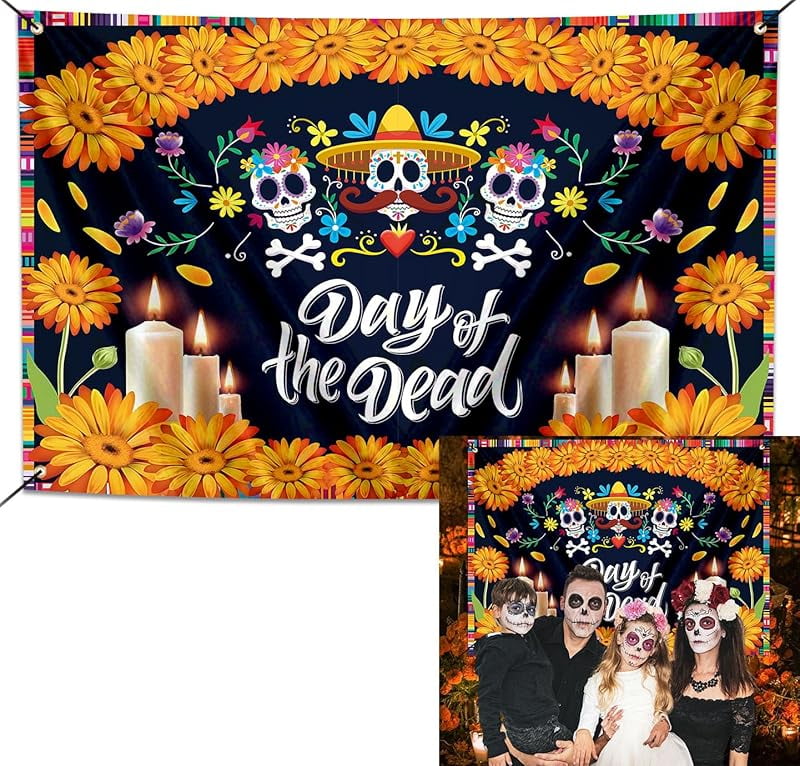 Photo Backdrop Halloween Skull Marigold Flower Candle Backdrop Day of ...