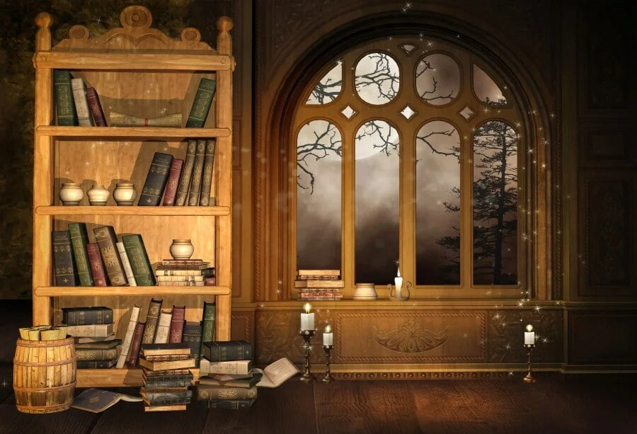 Photo Backdrop Old Vintage Wooden Library Candles Window Shiny Star ...