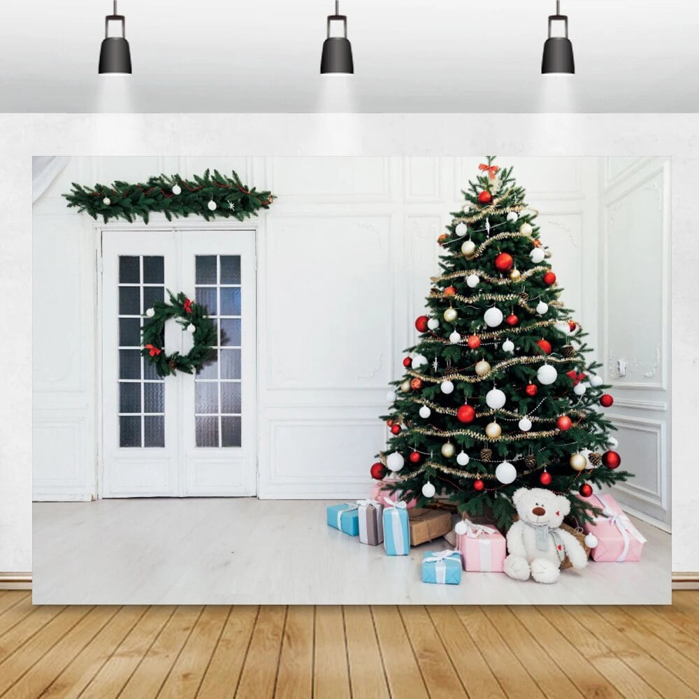 Photo Backdrop Winter Christmas Tree Gifts Bear Pine Branches Wood Door ...