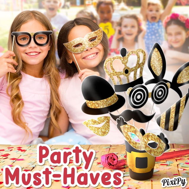 Photo Booth Props Kit, 16 Pcs Black & Gold Party Accessories by PixiPy ...