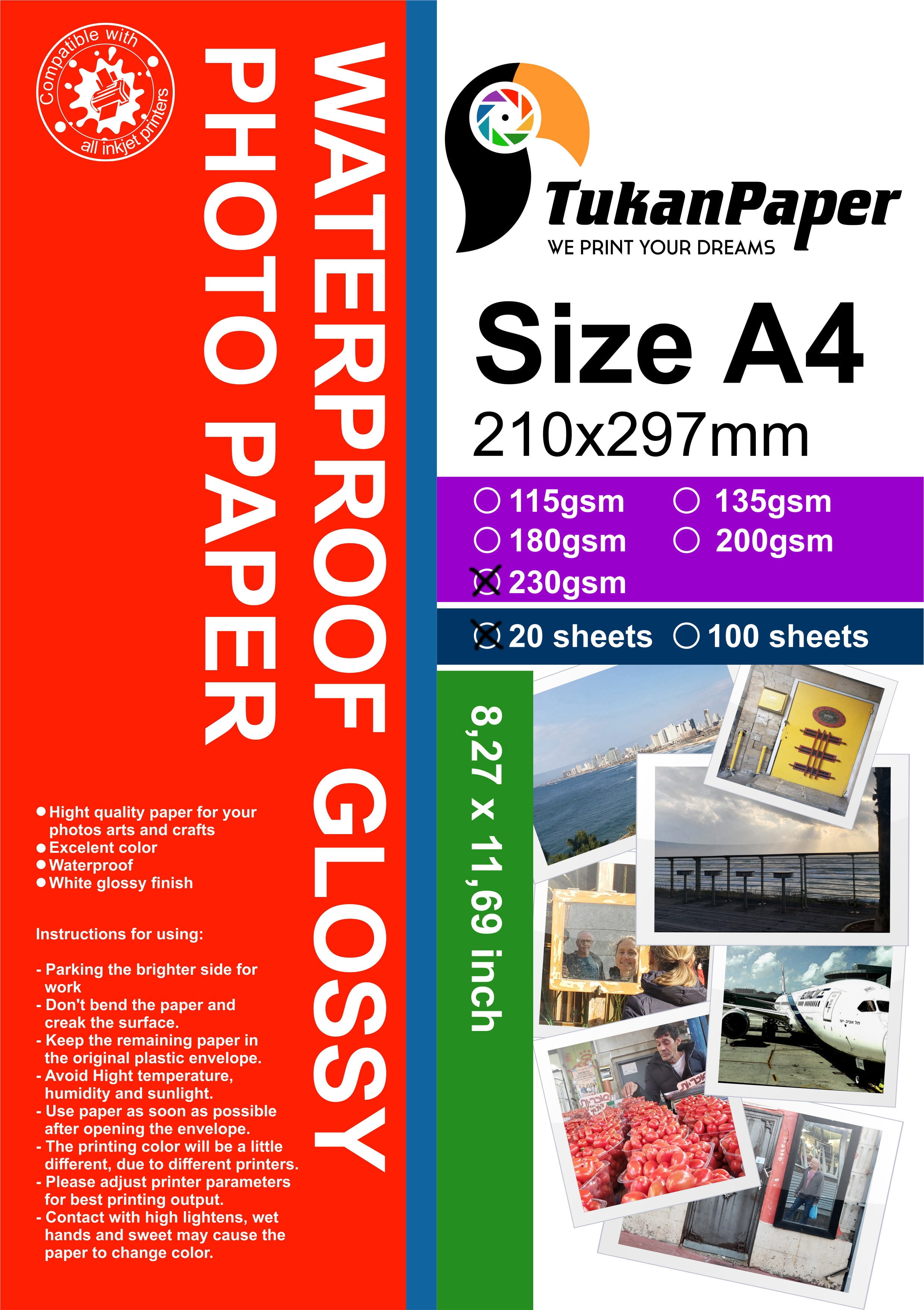 Photo Glossy White Paper 8.3"x11.7" (210 x 297mm) A4 Size 20 sheets ...