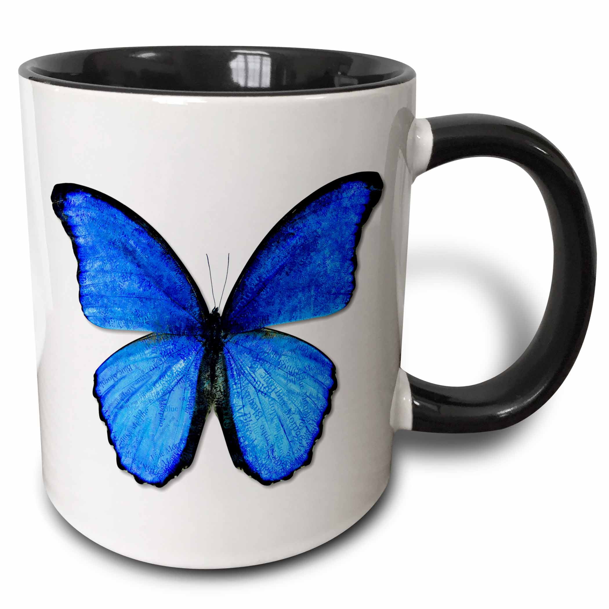 3drose, Photo Illustration Blue Butterfly, 15oz Two-tone Black Mug ...