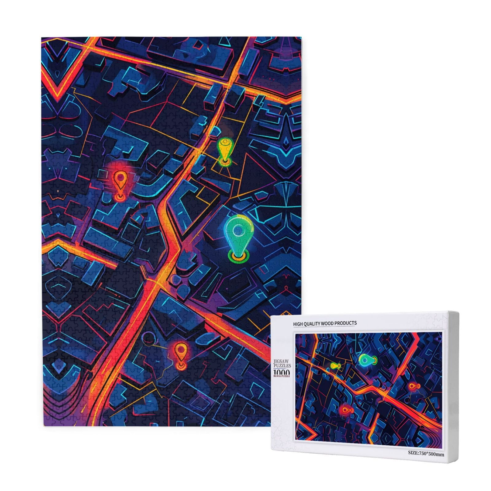 Photo Puzzle Neon City Map 1000 Piece Family Reunion Puzzle, Wooden ...