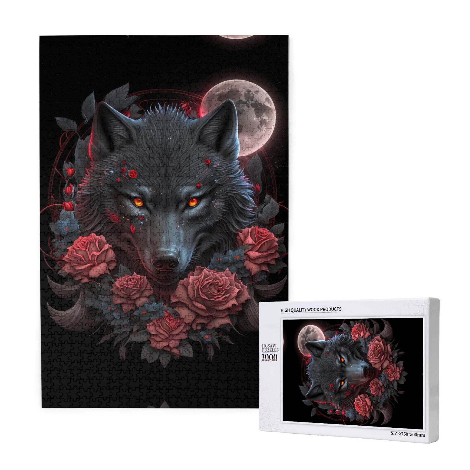 Photo Puzzle Rose Full Moon Black Wolf 1000 Piece Family Reunion Puzzle ...