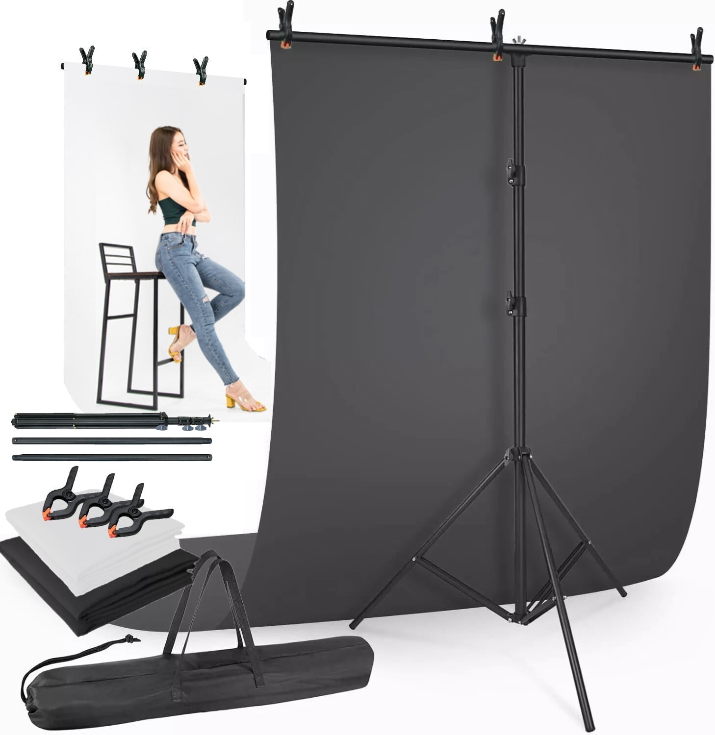 Photo T-Shape Backdrop Stand Black/White 2 Backdrops Support Kit ...