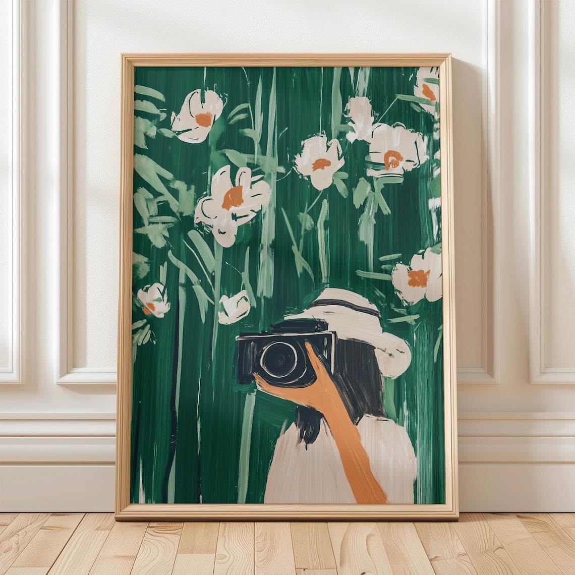 Photographer In Floral Field Print, Emerald Green And White For ...