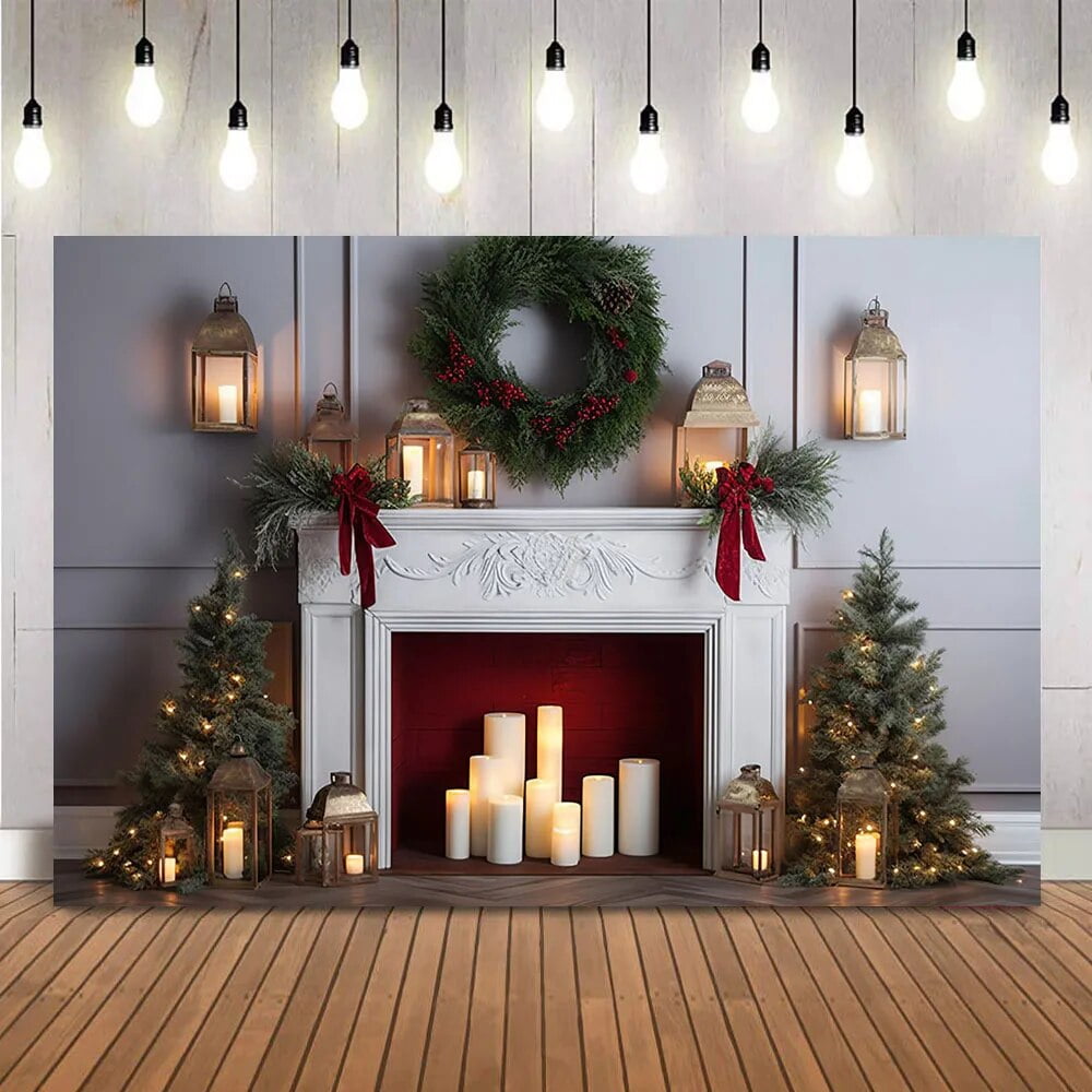 Photography Backdrop Christmas Fireplace White Wall and Candles ...