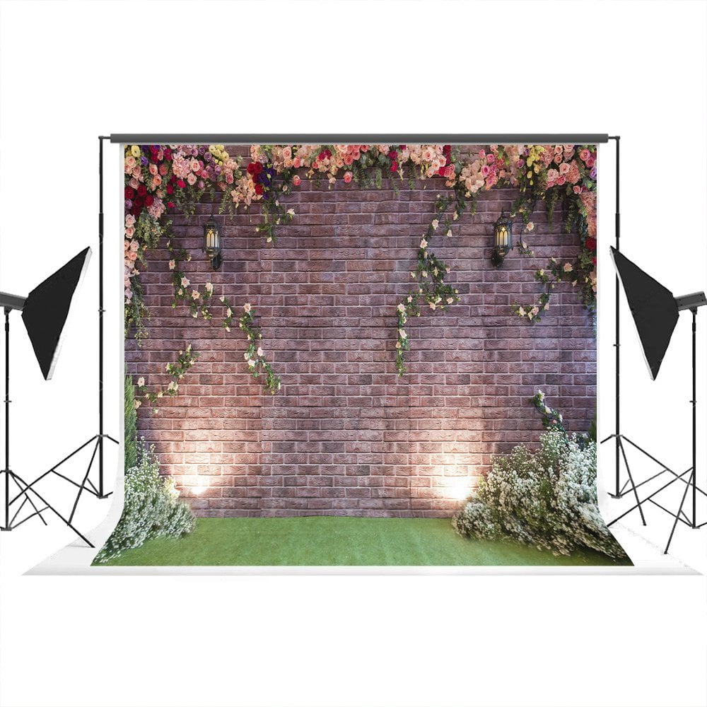 Photography Backdrops 7x5ft Brick Wall Photo Background Pink Flowers ...