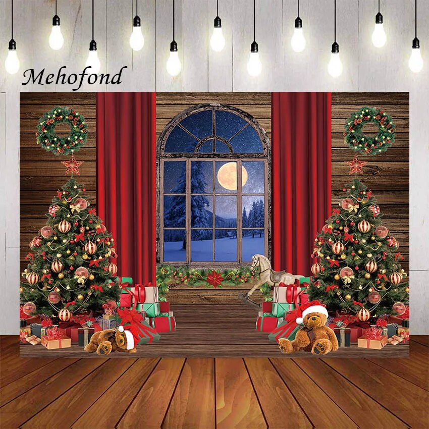 Photography Background Christmas Window Rustic Wood Xmas Trees Gift ...