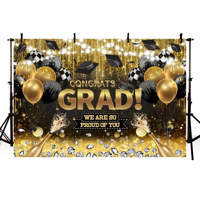 Photography Background Congrats Grad Black Gold Balloon Banner