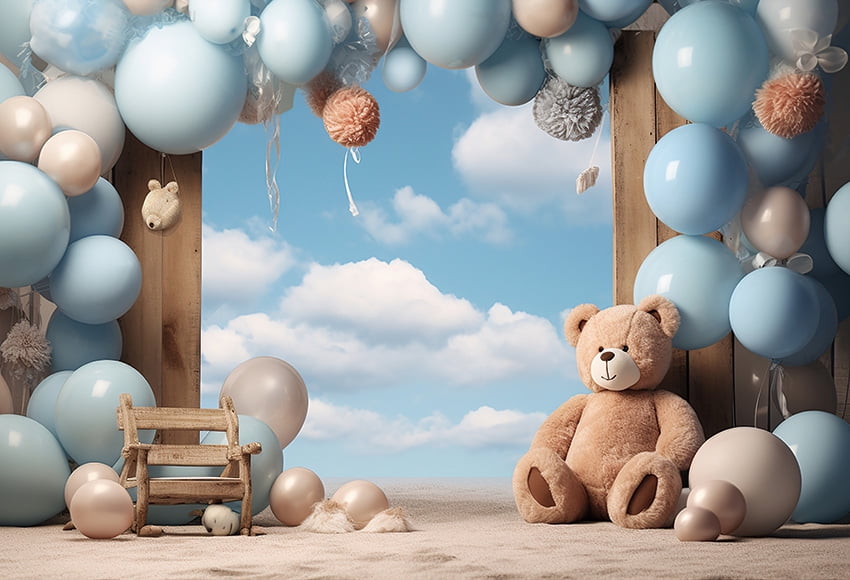 Photography Background Cute Bear Balloon Stars Cloud Kid Birthday Party ...