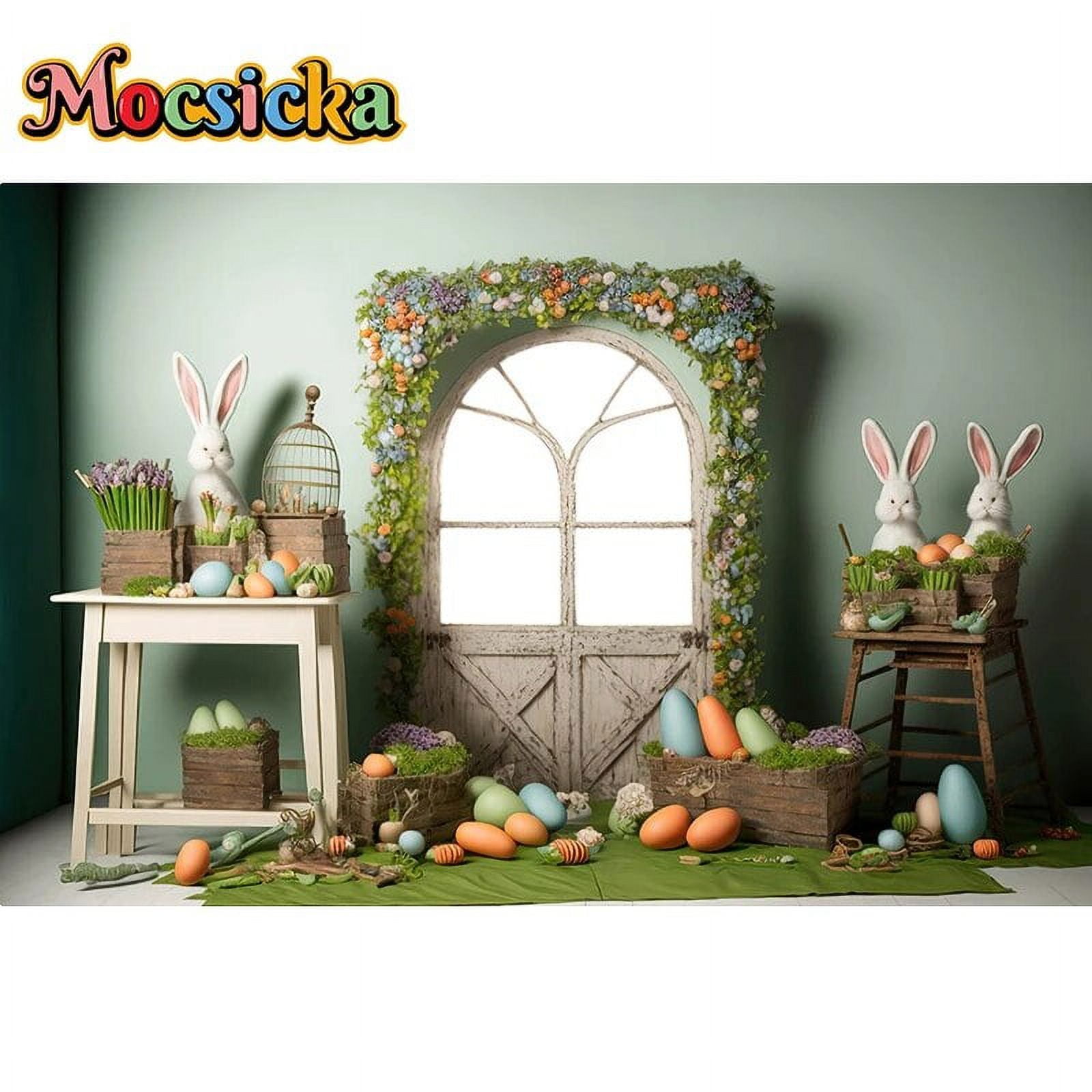 Photography Background Easter Indoor Arch Wooden Door Egg Rabbit Decor ...