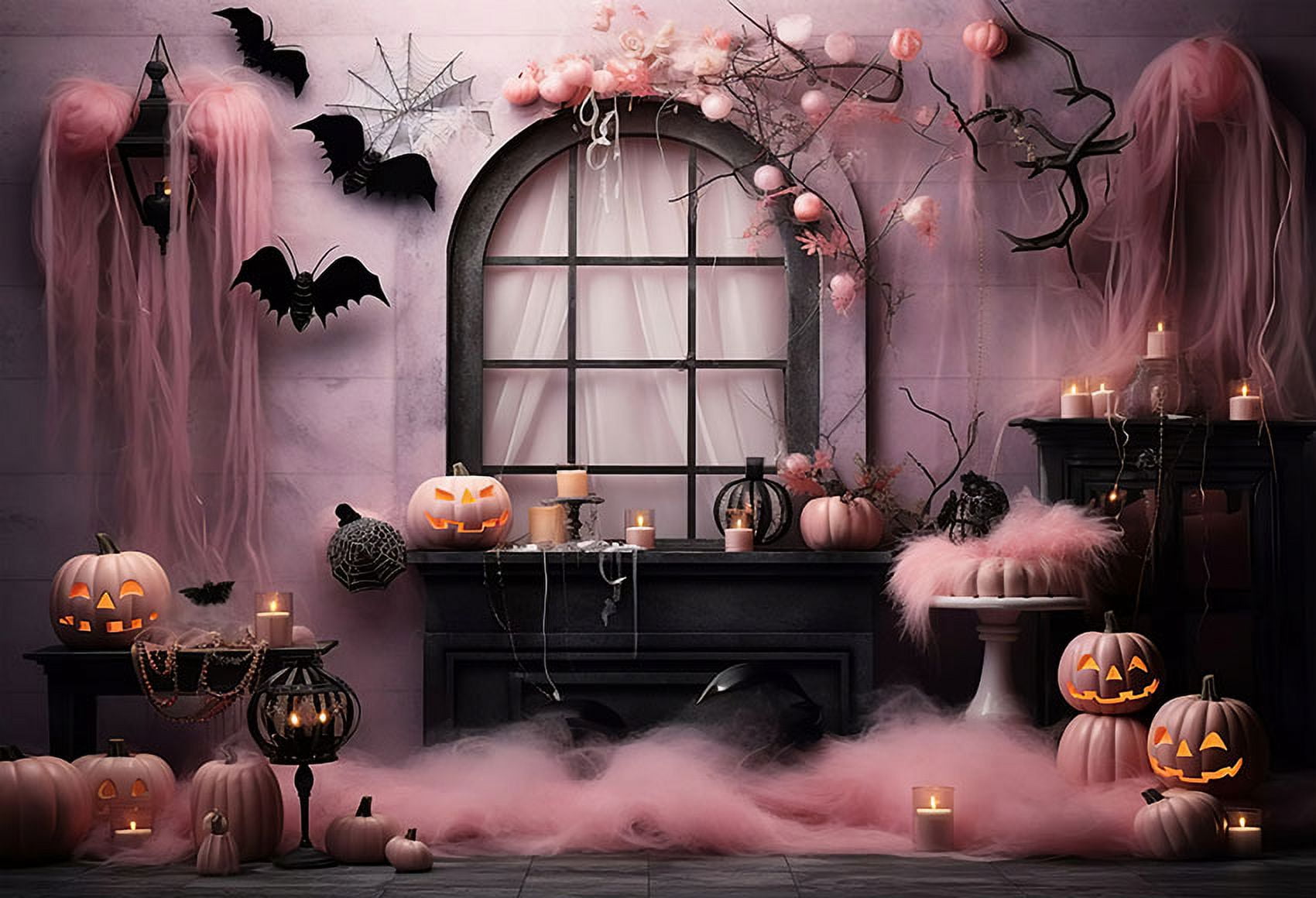 Photography Background Pink Halloween Pumpkin Bat Girls Birthday Party ...