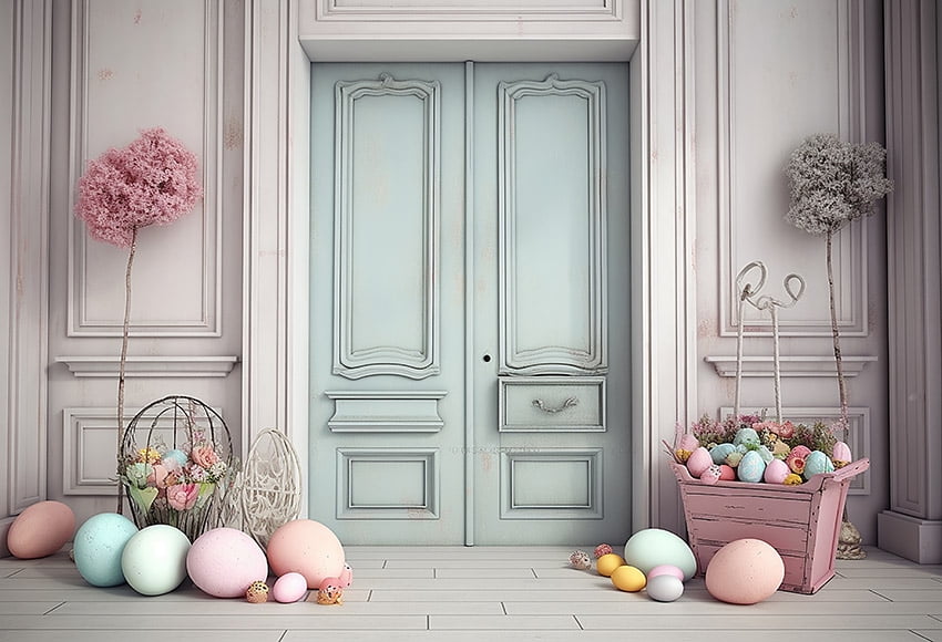 Photography Background Spring Easter Rabbit Eggs Flowers Wooden Door ...