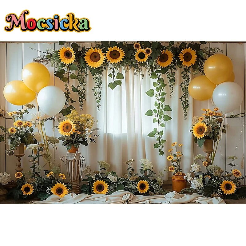 Photography Background Summer Sunflower Balloon Birthday Party Cake ...