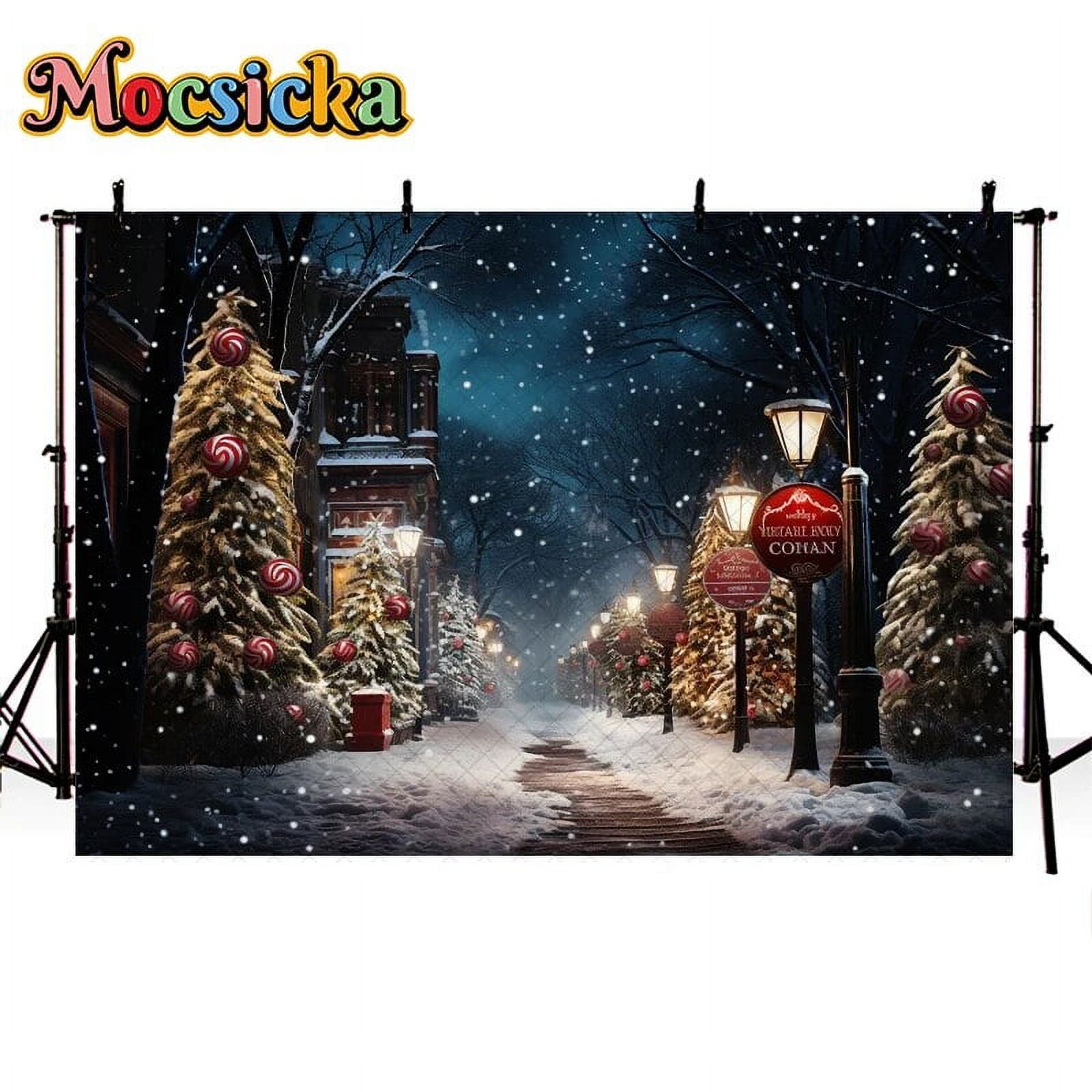 Photography Background Winter Christmas Candy House Street Xmas Trees ...