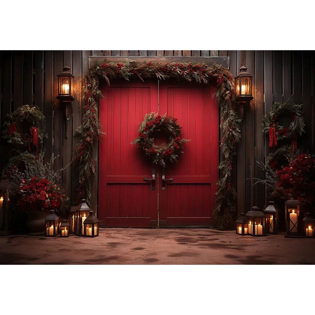 Photography Background Winter Christmas Red Barn Door Snow Xmas Tree