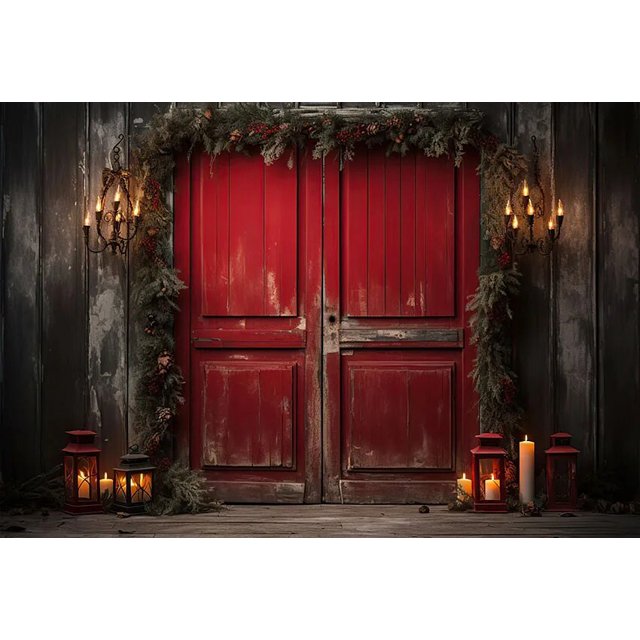 Photography Background Winter Christmas Red Barn Door Snow Xmas Tree