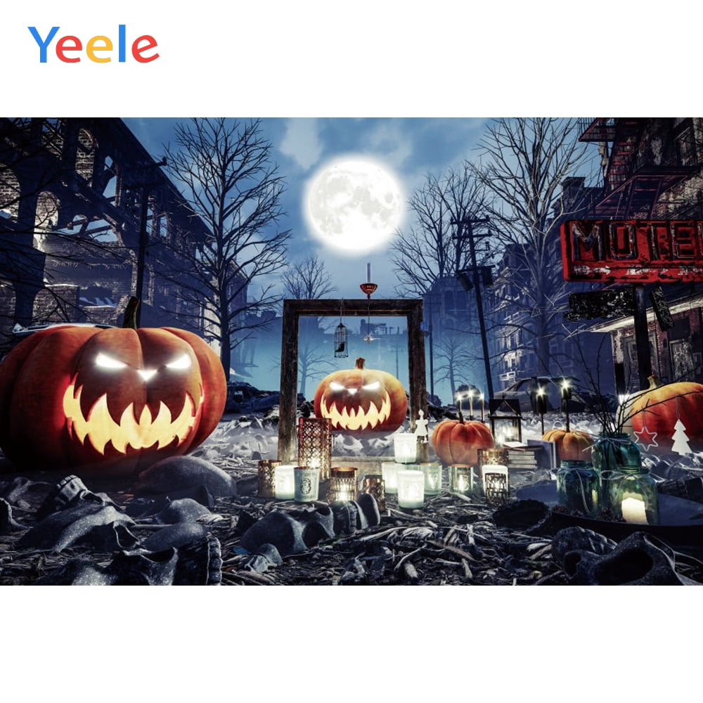 Photoph Halloween Backdrop Ruins Pumpkin Lantern Skeleton Skull Night ...