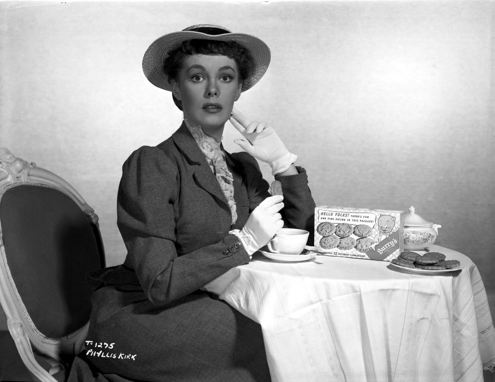 Phyllis Kirk Drinking Tea wearing Black Formal Dress with Hat Photo ...