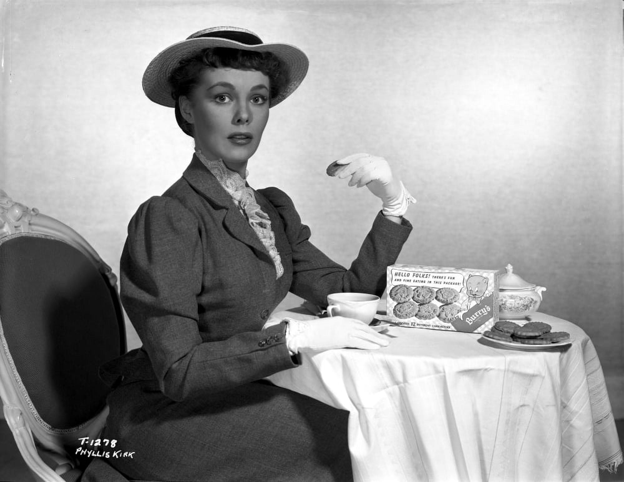 Phyllis Kirk Eating Cookies wearing Black Formal Dress with Hat Photo ...