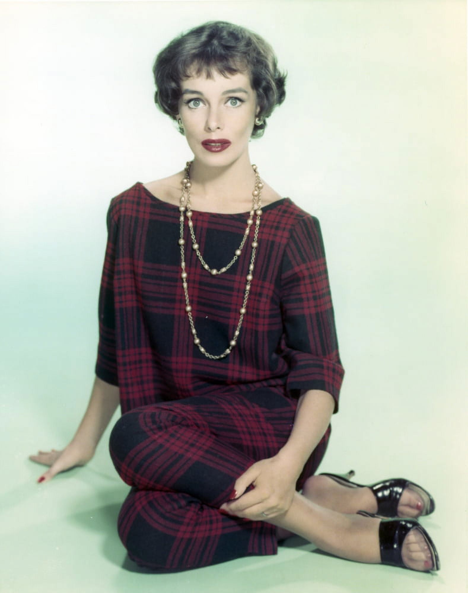 Phyllis Kirk Seated on Floor in Red Checkered Dress Portrait with White ...