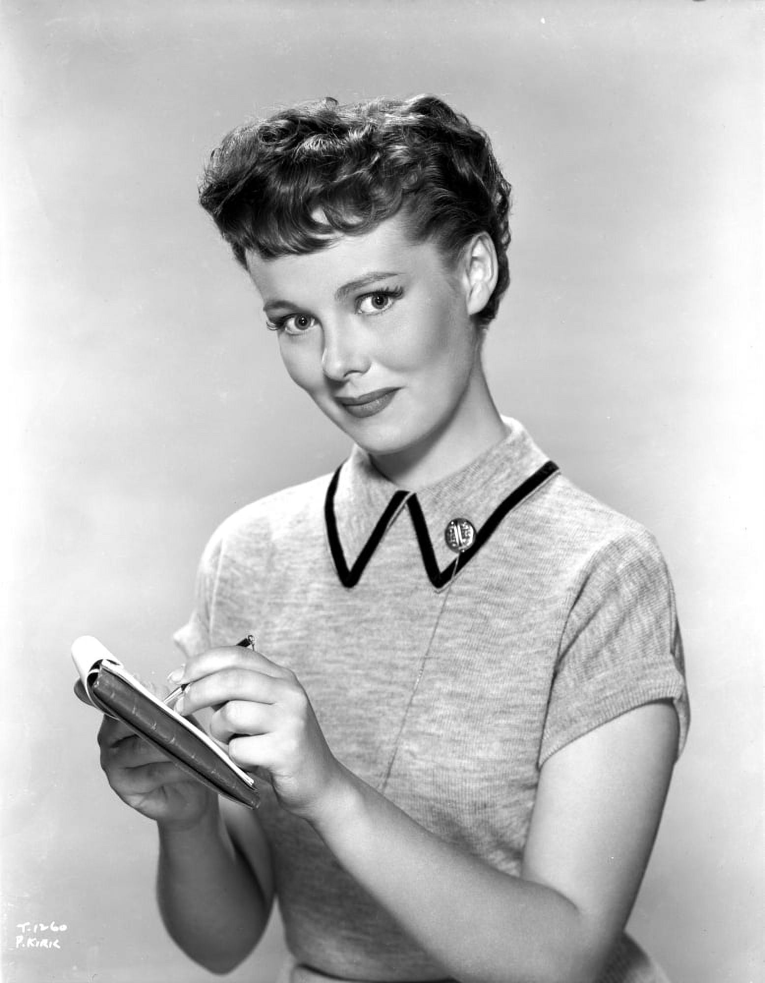 Phyllis Kirk Writing List Pose wearing Collar Shirt in Gray scale ...