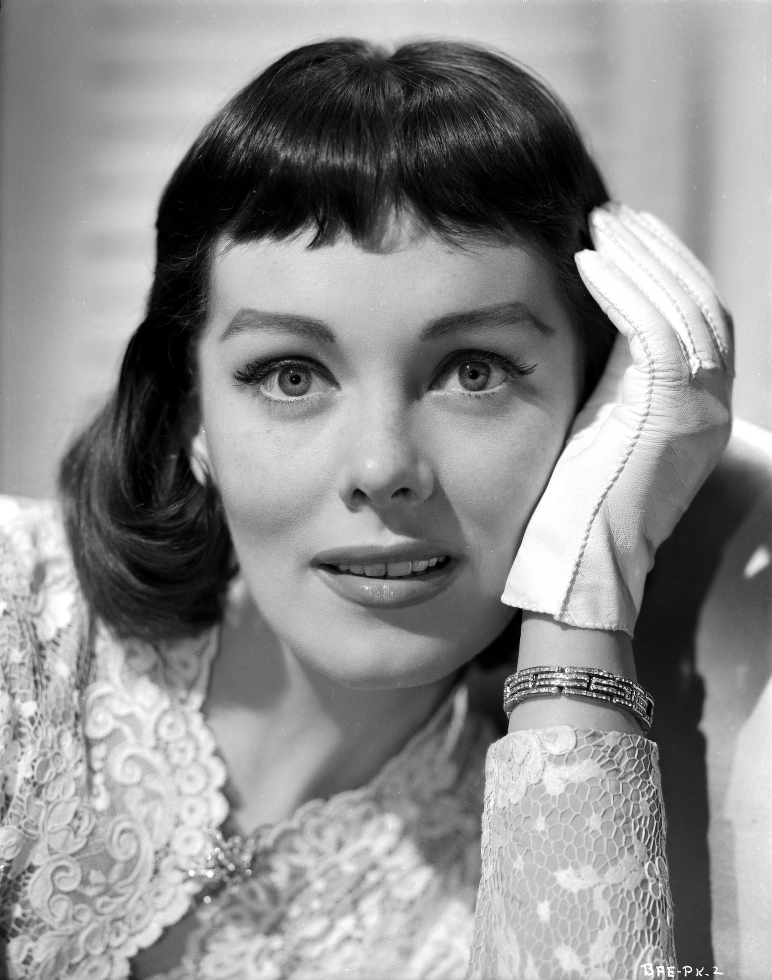 Phyllis Kirk in Gray scale Close Up Portrait wearing Lace Dress with ...