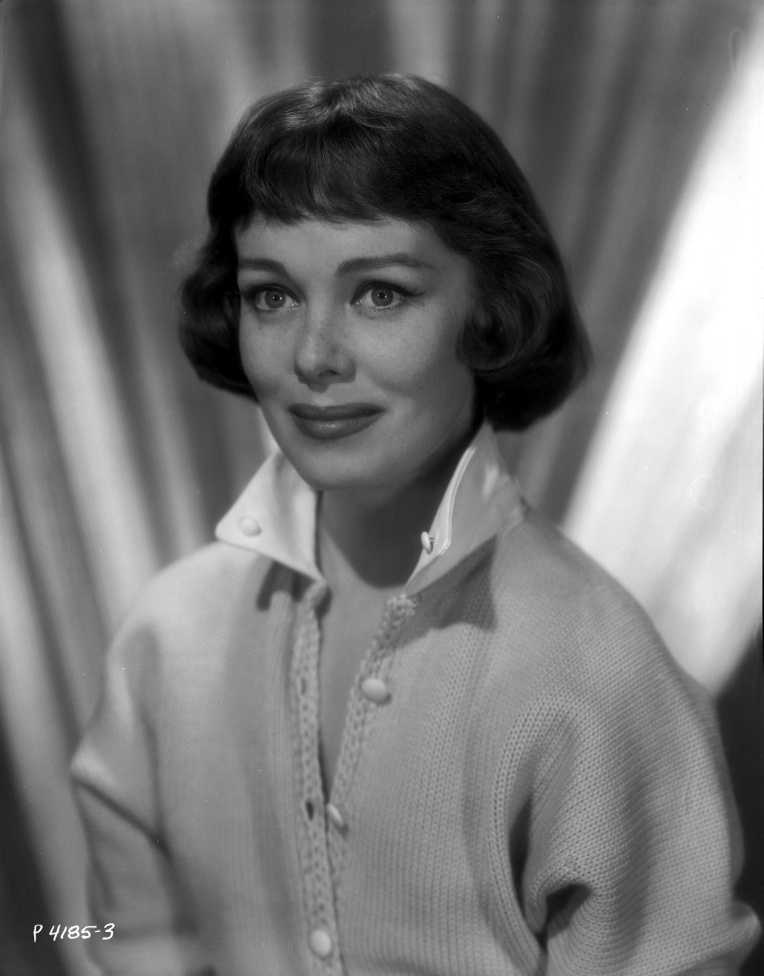 Phyllis Kirk smiling in Gray scale Portrait wearing Collar Sweater ...