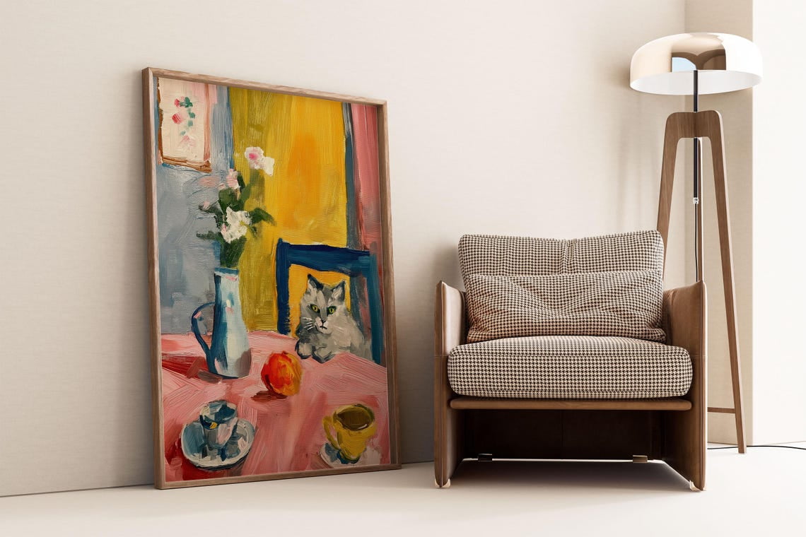 Physical Poster - Fauvism Cat On Dinning Table Poster | Abstract ...