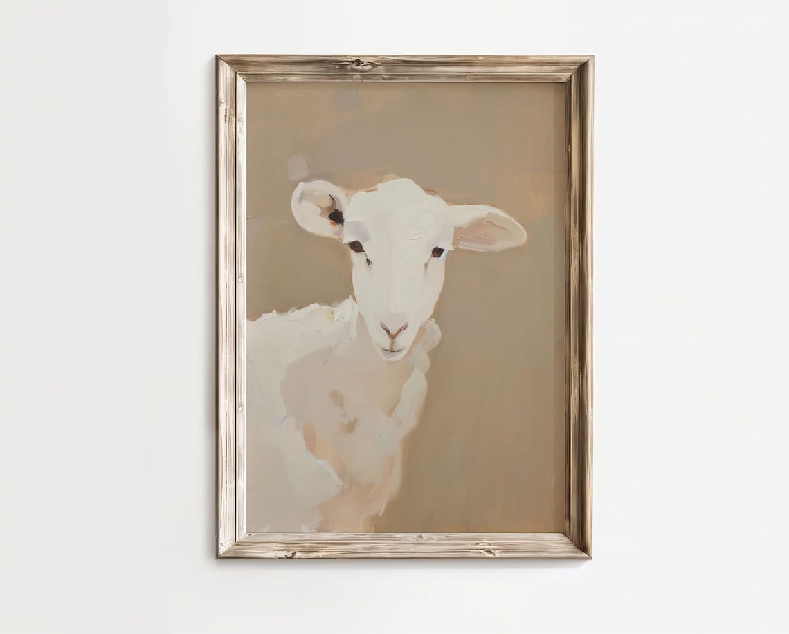 Physical Poster - Mid-Century Vintage Sheep Lamb Portrait Beige Animal ...
