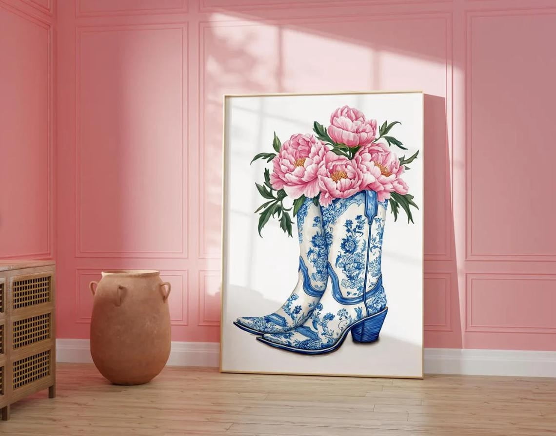 Physical Print Chinoiserie Cowgirl Boots, Blue Coquette Coastal Cowgirl ...