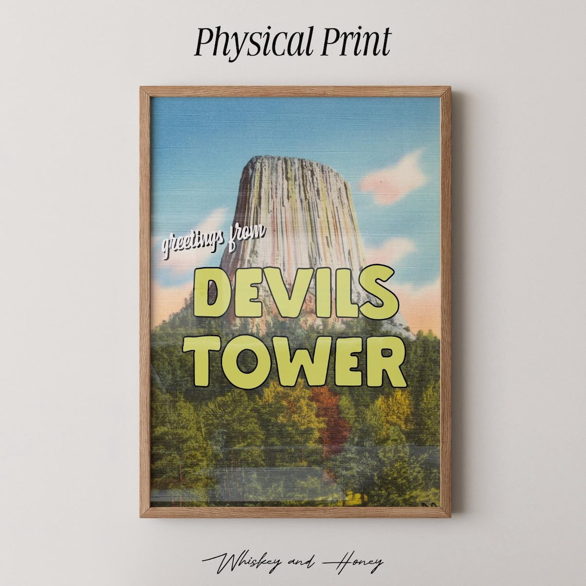 Physical Print, Greetings From Devils Tower Art Print, Vintage Postcard ...