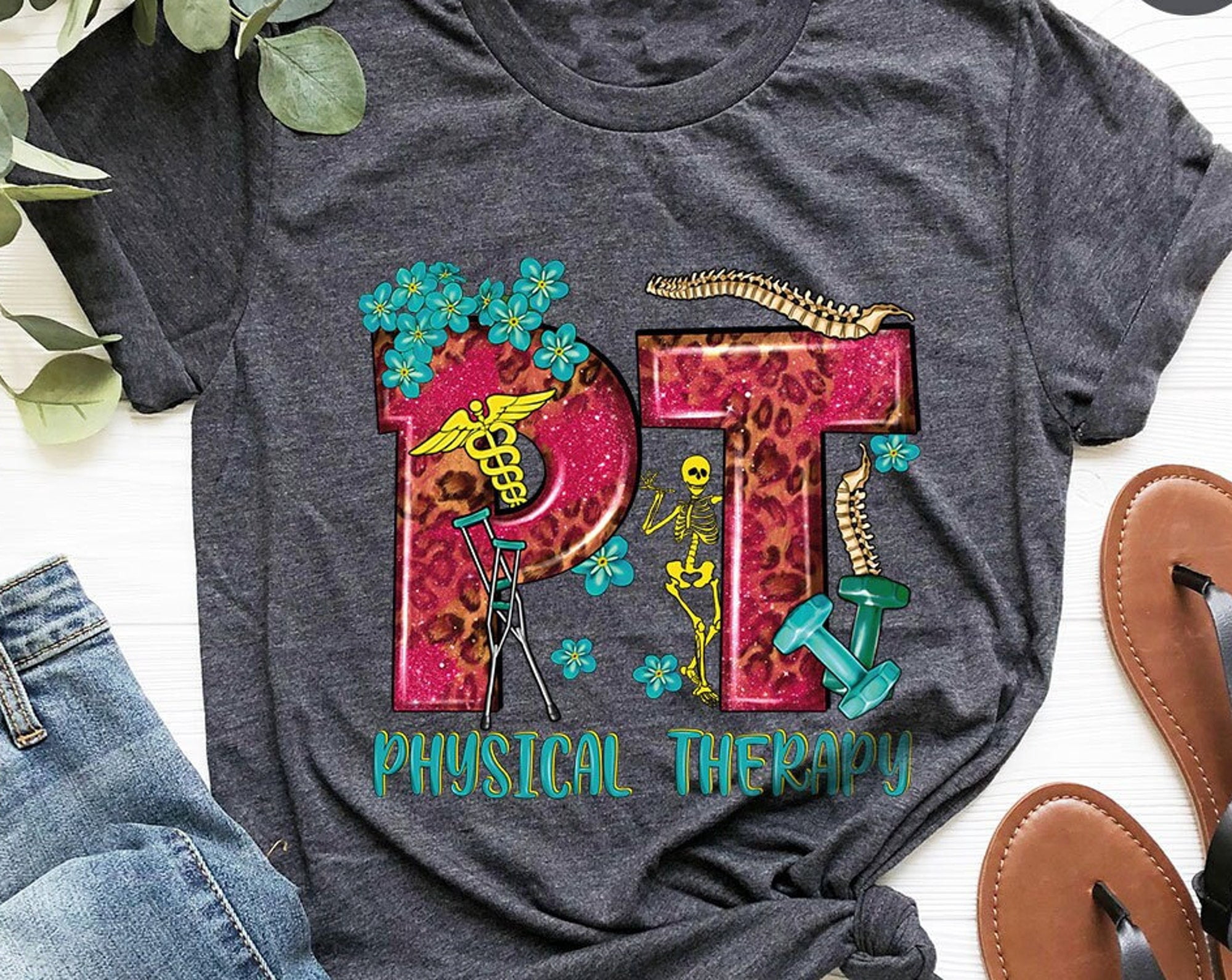 Physical Therapy Shirt Floral Terapist Clothes Funny Skeleton Graphic ...