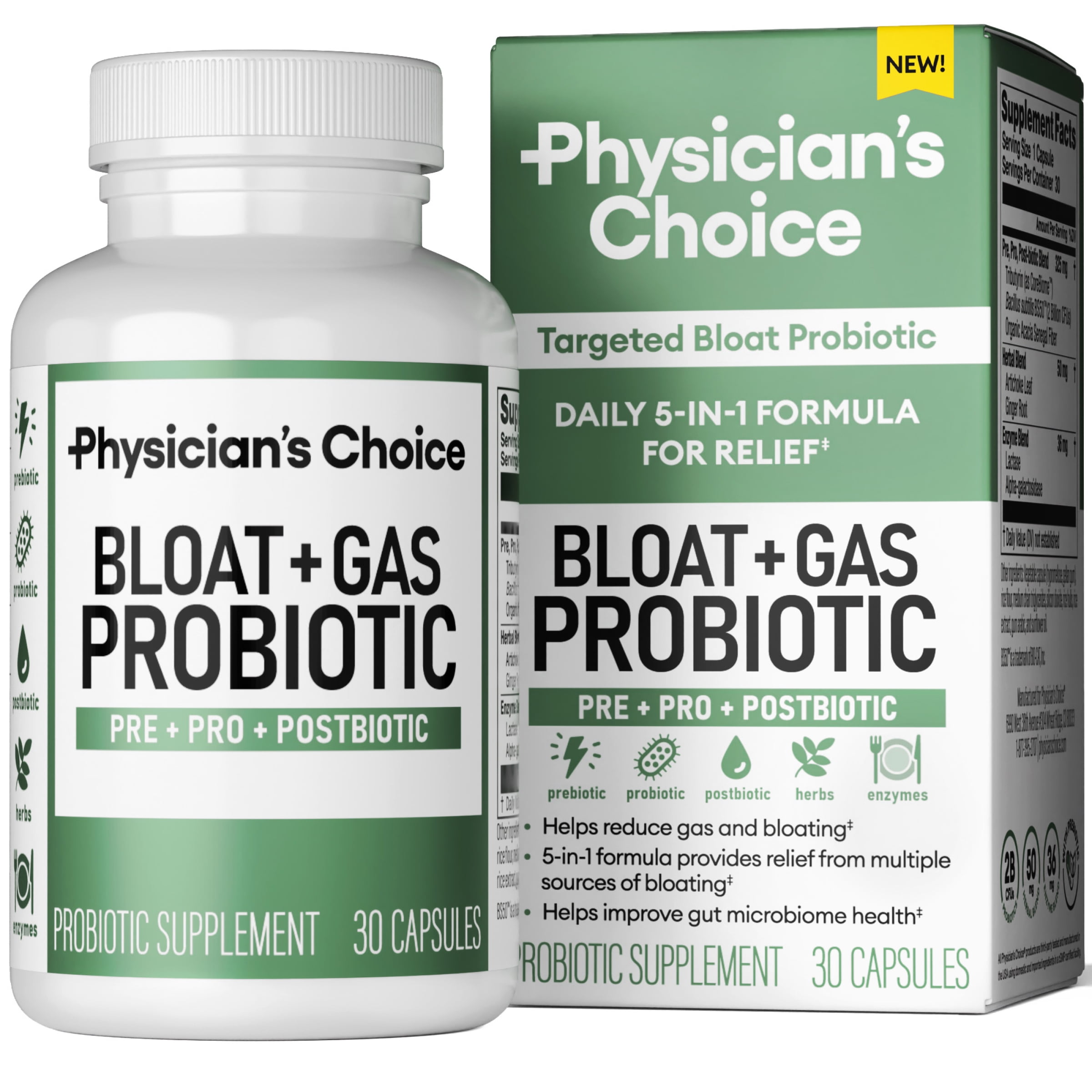 Physician's Choice Bloat & Gas 5-in-1 Probiotic for Digestion Support ...