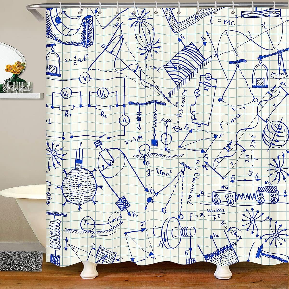 Physics Shower Curtain Blue Equation Waterproof Bath Curtain Model On ...