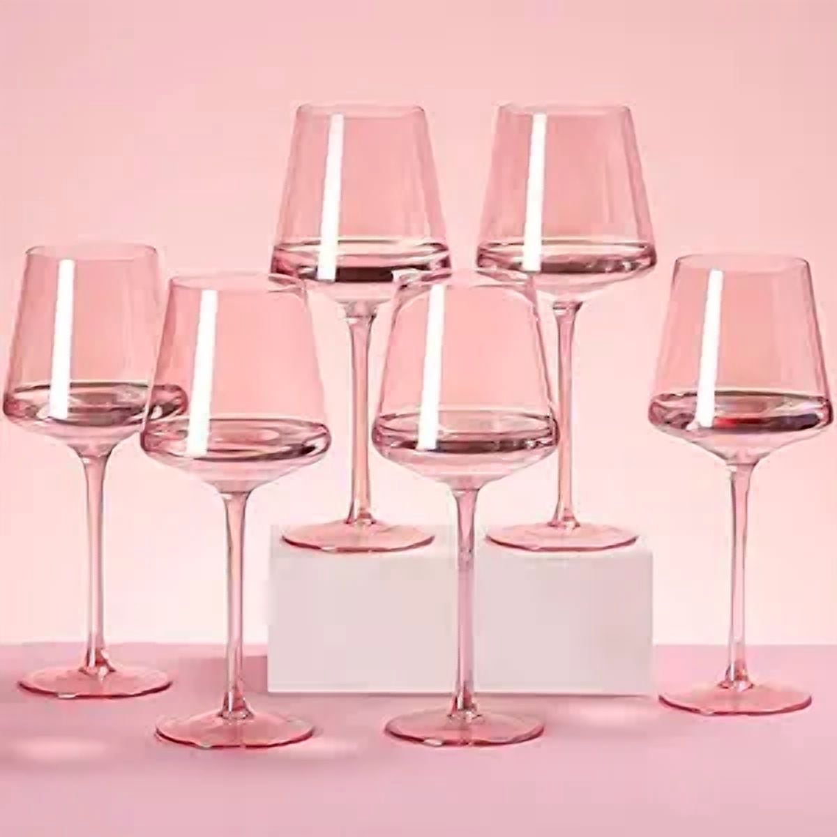 Physkoa Pink Wine Glasses Set of 6-14oz Hand Blown Crystal Colored Wine ...