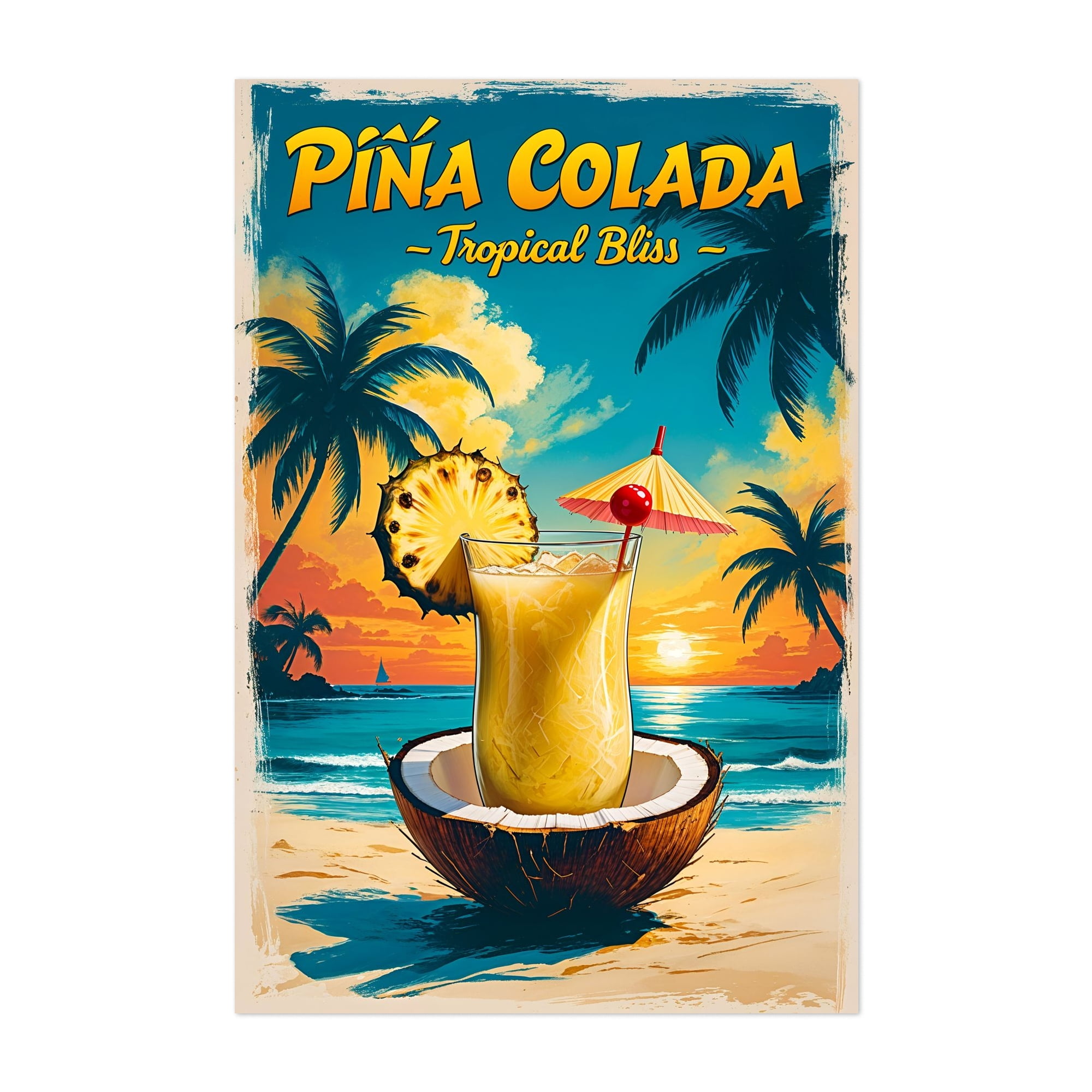 Piña Colada Cocktail Poster: Vintage Tropical Bliss - Illustration ...