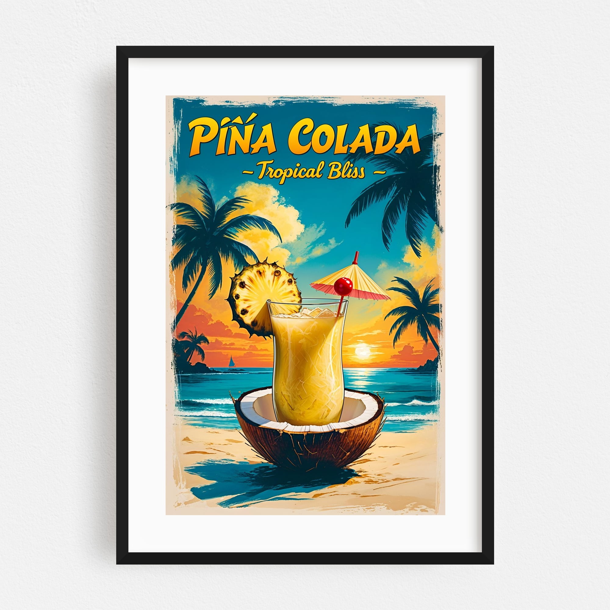 Piña Colada Cocktail Poster: Vintage Tropical Bliss - Illustration Tropical Cocktail Beach ...